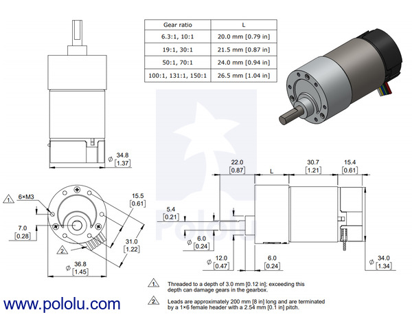 Pololu - 30:1 Metal Gearmotor 37Dx68L mm 12V with 64 CPR Encoder ...