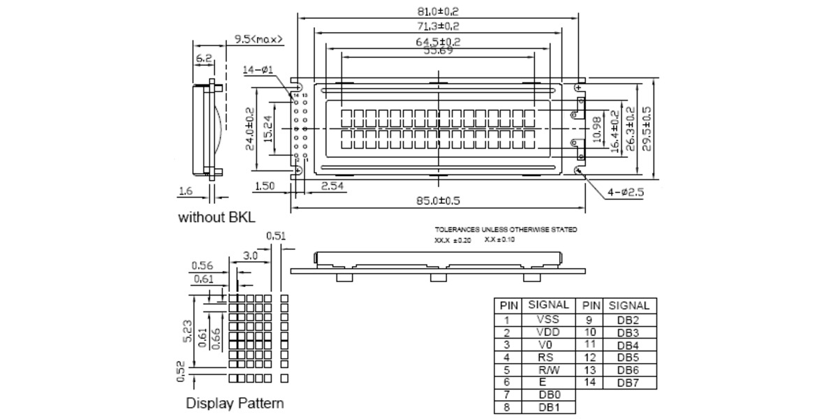 Pololu - Dimensions (in mm) and pinout for the 16×2 character LCD ...