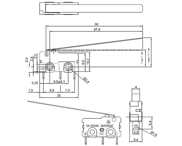 Snap-Action Switch with 50mm Lever: 3-Pin, SPDT, 5A | Buy in Australia ...