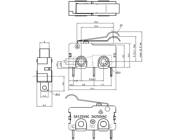 Snap-Action Switch with 18.5mm Bump Lever: 3-Pin, SPDT, 5A | Buy in ...