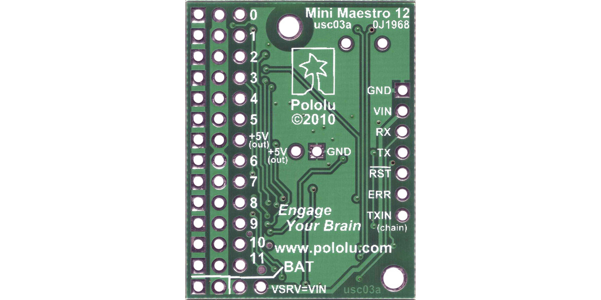 Pololu - Bottom view of Mini Maestro 12-channel USB servo controller.