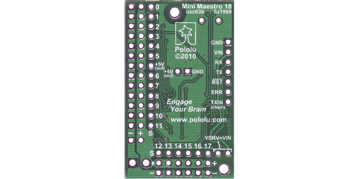 Pololu - Bottom view of Mini Maestro 18-channel USB servo controller.
