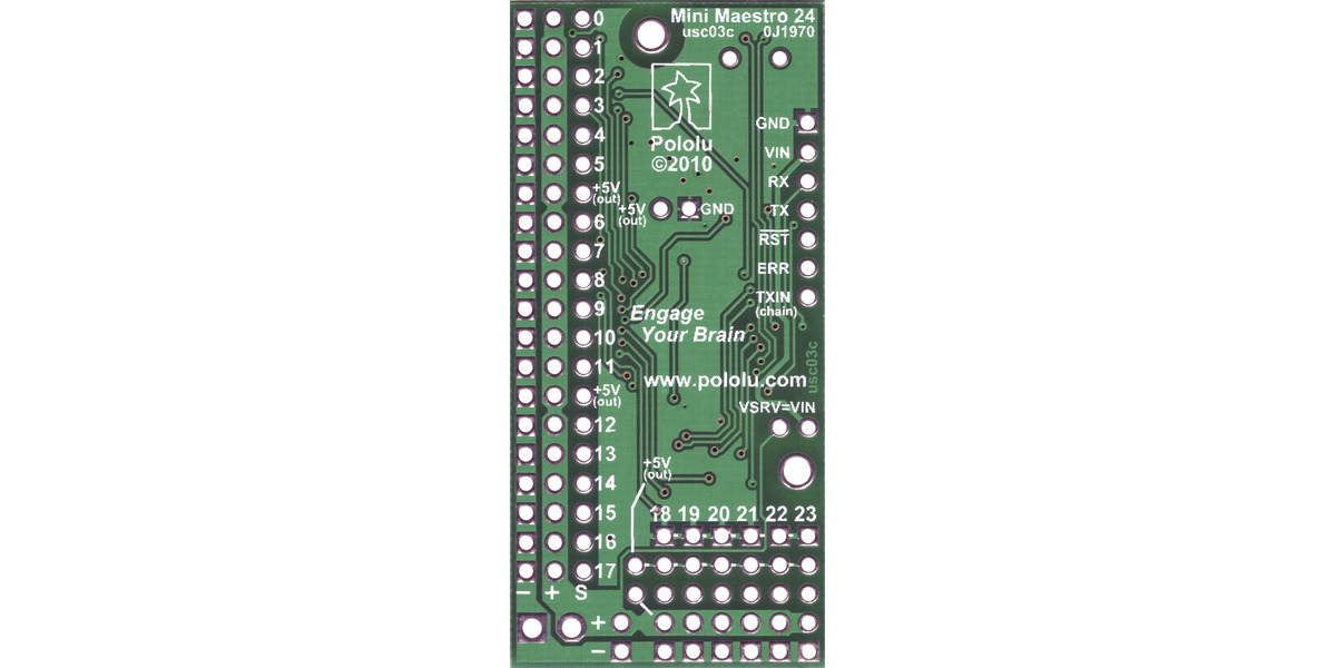 Pololu - Bottom view of Mini Maestro 24-channel USB servo controller.