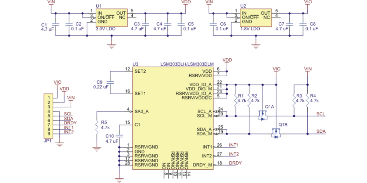 Pololu - Schematic of the LSM303DLH/LSM303DLM 3D compass and accelerometer carrier with voltage ...