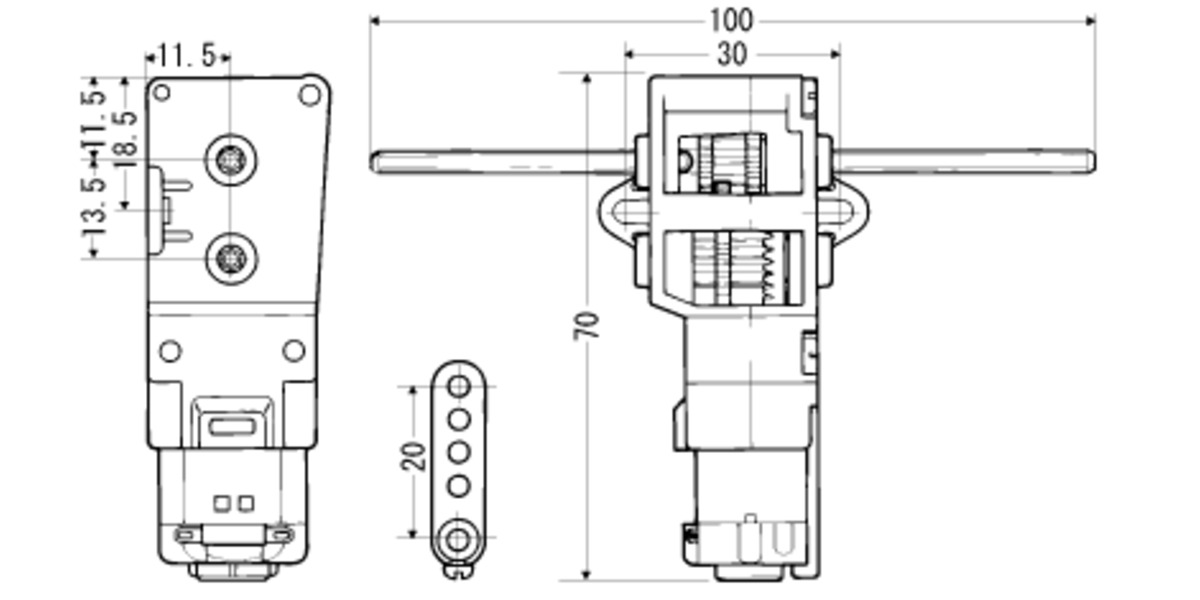 Pololu - Dimension drawing for Tamiya 70093 3-speed crank axle gearbox.