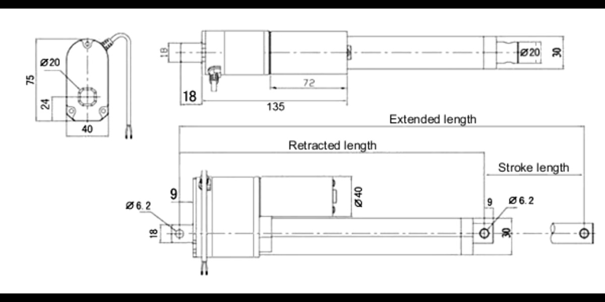 Pololu - Dimensions (in mm) of the generic linear actuators with feedback.