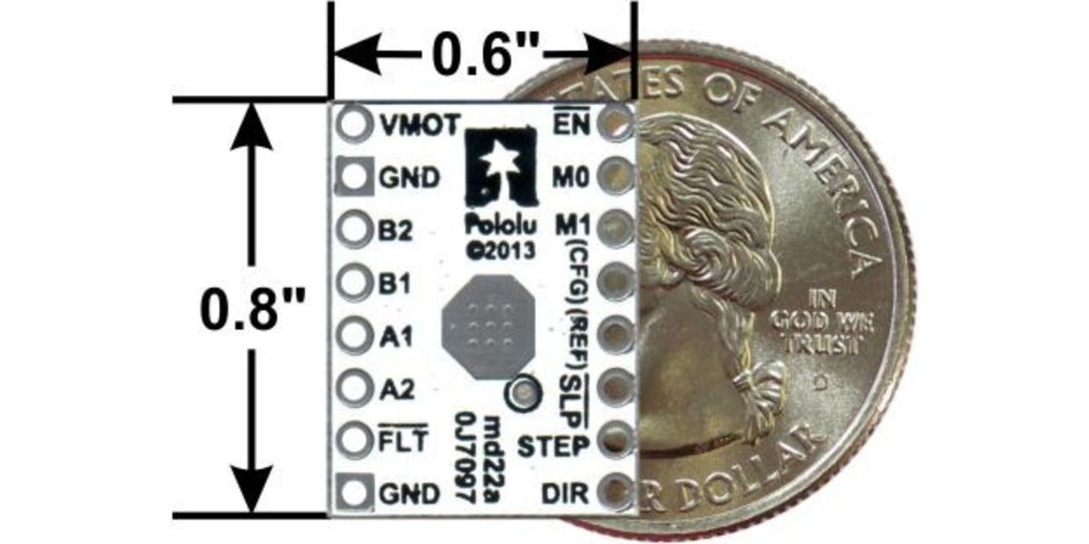 Pololu - DRV8834 low-voltage stepper motor driver carrier with dimensions.