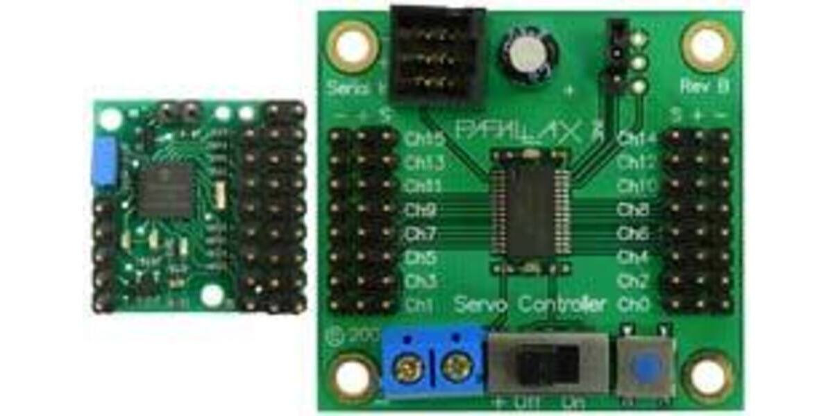 Pololu Micro Serial Servo Controller next to a Parallax Servo Controller.