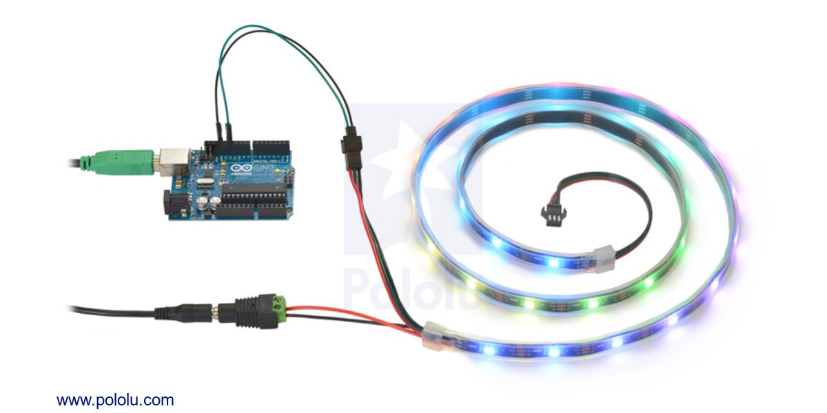Pololu - Controlling an addressable RGB LED strip with an Arduino and powering it from a 5V wall ...