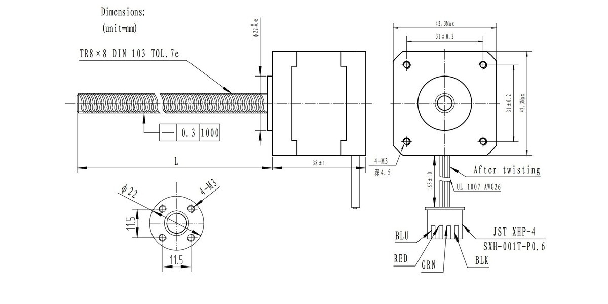 Pololu - Dimension diagram for the NEMA 17 stepper motors with lead ...