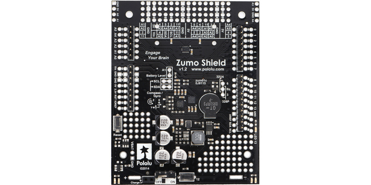 Pololu - Zumo Shield for Arduino, v1.2, with included through-hole components installed.