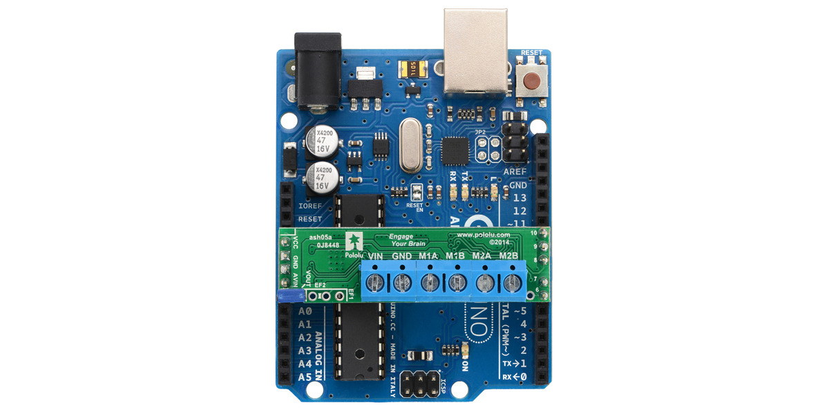Pololu A4990 Dual Motor Driver Shield on an Arduino Uno.