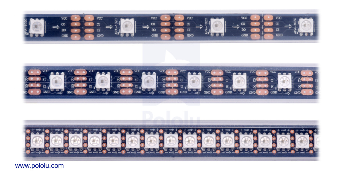 Pololu - LED side of the APA102C or SK9822 addressable LED strips, showing 30 LEDs/m (top), 60 ...