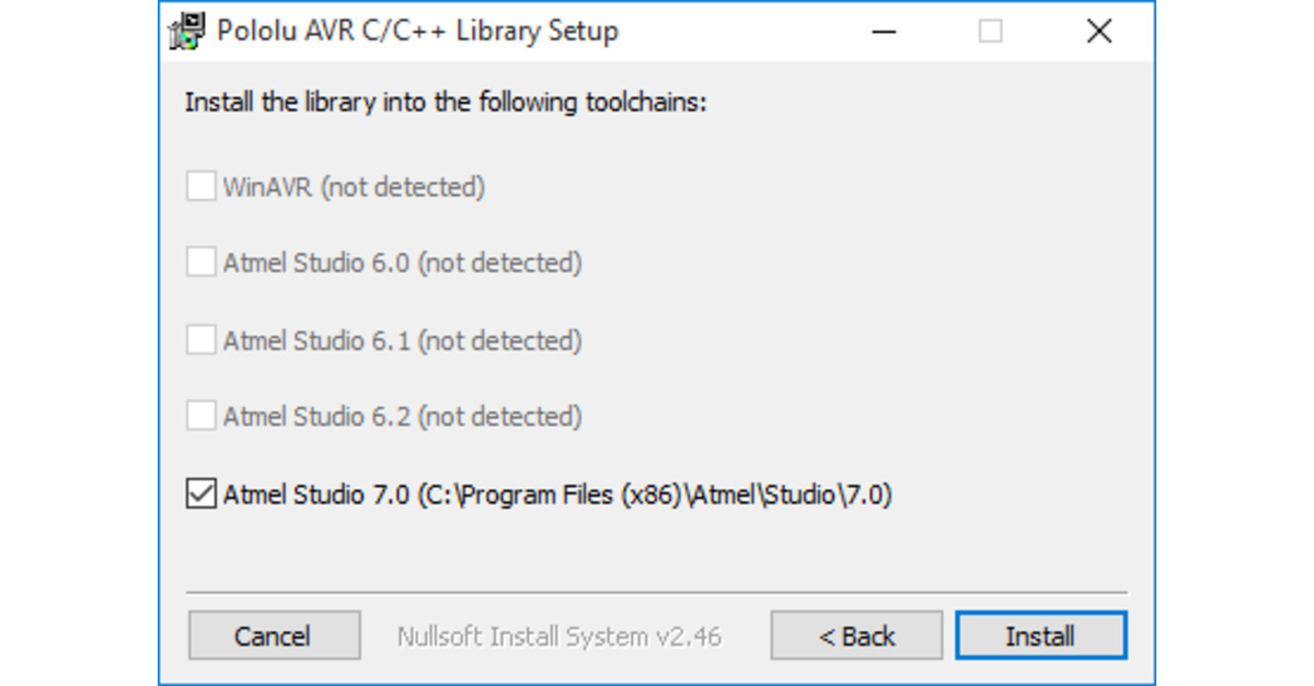 Pololu - The second screen of the Pololu AVR C/C++ Library installer for Windows.