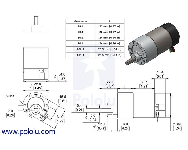 Pololu - 30:1 Metal Gearmotor 37Dx68L mm 12V with 64 CPR Encoder (Spur ...