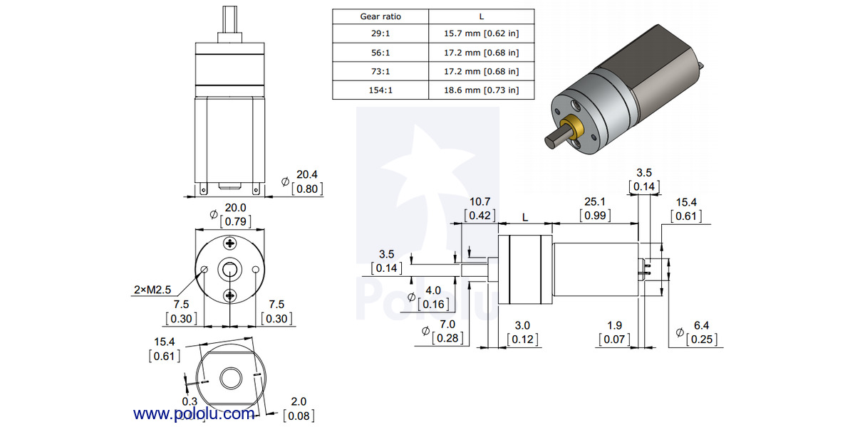 Pololu - Dimensions of the original Pololu 20D mm metal gearmotors with ...