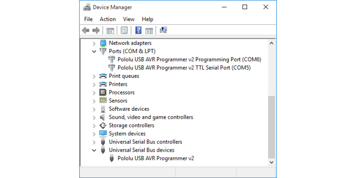 Pololu - Windows 10 Device Manager showing the Pololu USB AVR Programmer v2