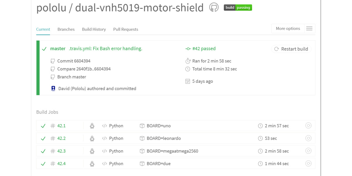 Pololu Continuous Testing For Arduino Libraries Using Platformio And Travis Ci