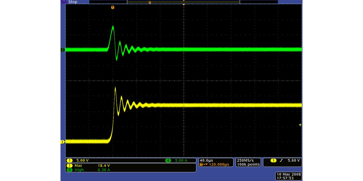 Pololu - Oscilloscope capture of voltage (yellow) and current (green ...
