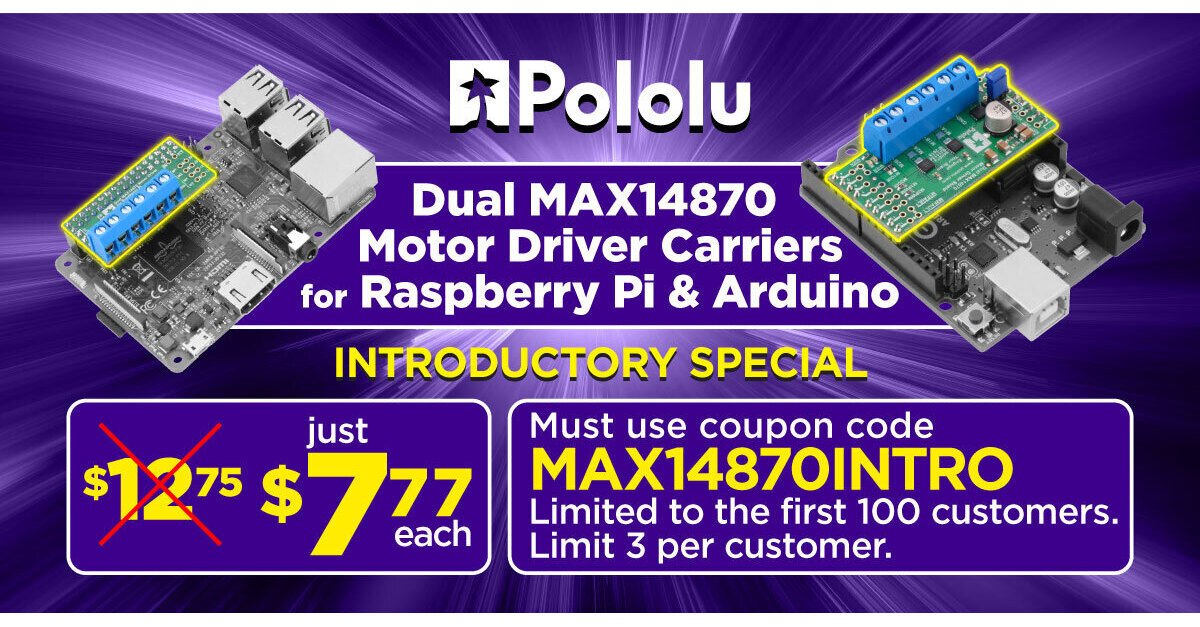 Pololu - New products: Dual MAX14870 Motor Drivers for Arduino and ...